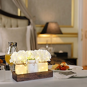 Waenerec Mason Jar Lighted Centerpiece Table Decorations Wood Tray with White Hydrangea Artificial Flowers Rustic Country Farmhouse Mason Jars Decor for Coffee Table Dining Room Living Room Kitchen