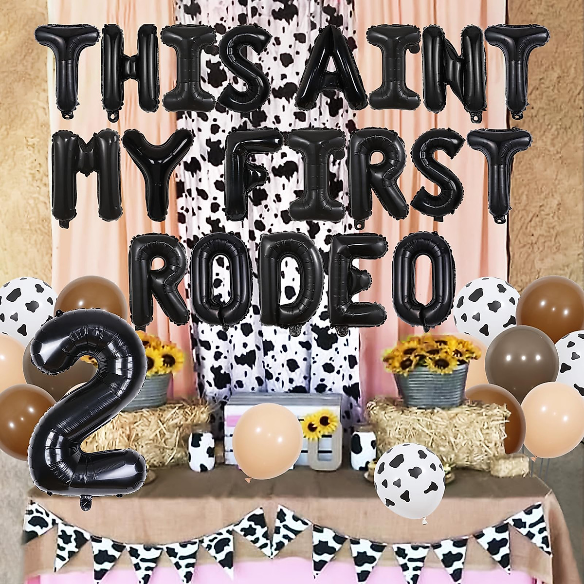 Wonmelody 23pc Western Cowboy 2nd Birthday Decorations: This Aint My First Rodeo Balloon Set - Black, Number 2, Horse, Cow Pennant - Girls, 2nd Birthday