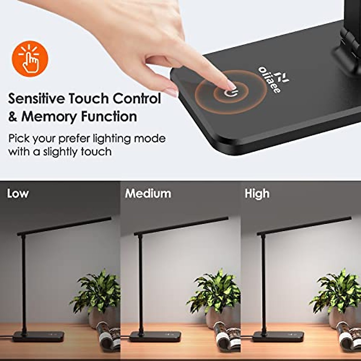 OIIAEE LED Desk Lamp, Eye-Caring Table Lamp with 3 Brightness Levels, Touch Control and Memory Function, Foldable Reading Lamp for Home Office Bedroom Study, 8W, 4000K, Black