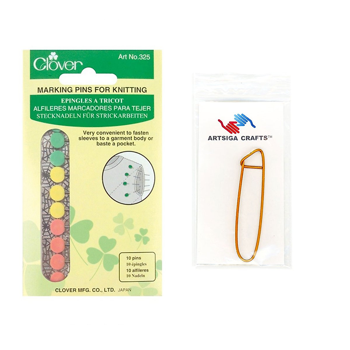 Clover Needlecraft Knit and Block Pins 2 inch 10/Pkg Bundle with 1 Artsiga Crafts Stitch Holder 325
