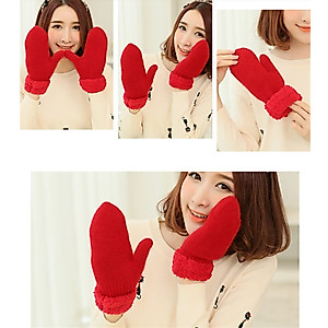 Winter Thicken Warmer Women Gloves Knitted Wool Plush Full Finger Mittens (Red)1