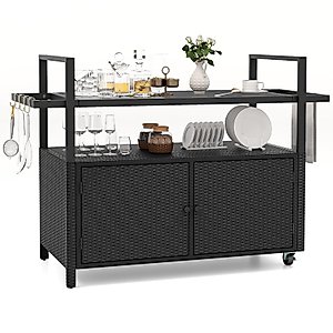 Tangkula Outdoor Bar Cart Table, Patiojoy Rolling Wicker Buffet Wheeled Serving Cart with Tempered Glass Top, Storage Cabinet & 8 Hooks, for Porch Backyard Garden Poolside (Black)