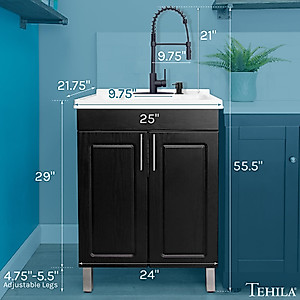 JS Jackson Supplies Utility Sink Vanity, Matte Black Pull-Down Coil Faucet, Soap Dispenser and Spacious Black Cabinet for Laundry Room