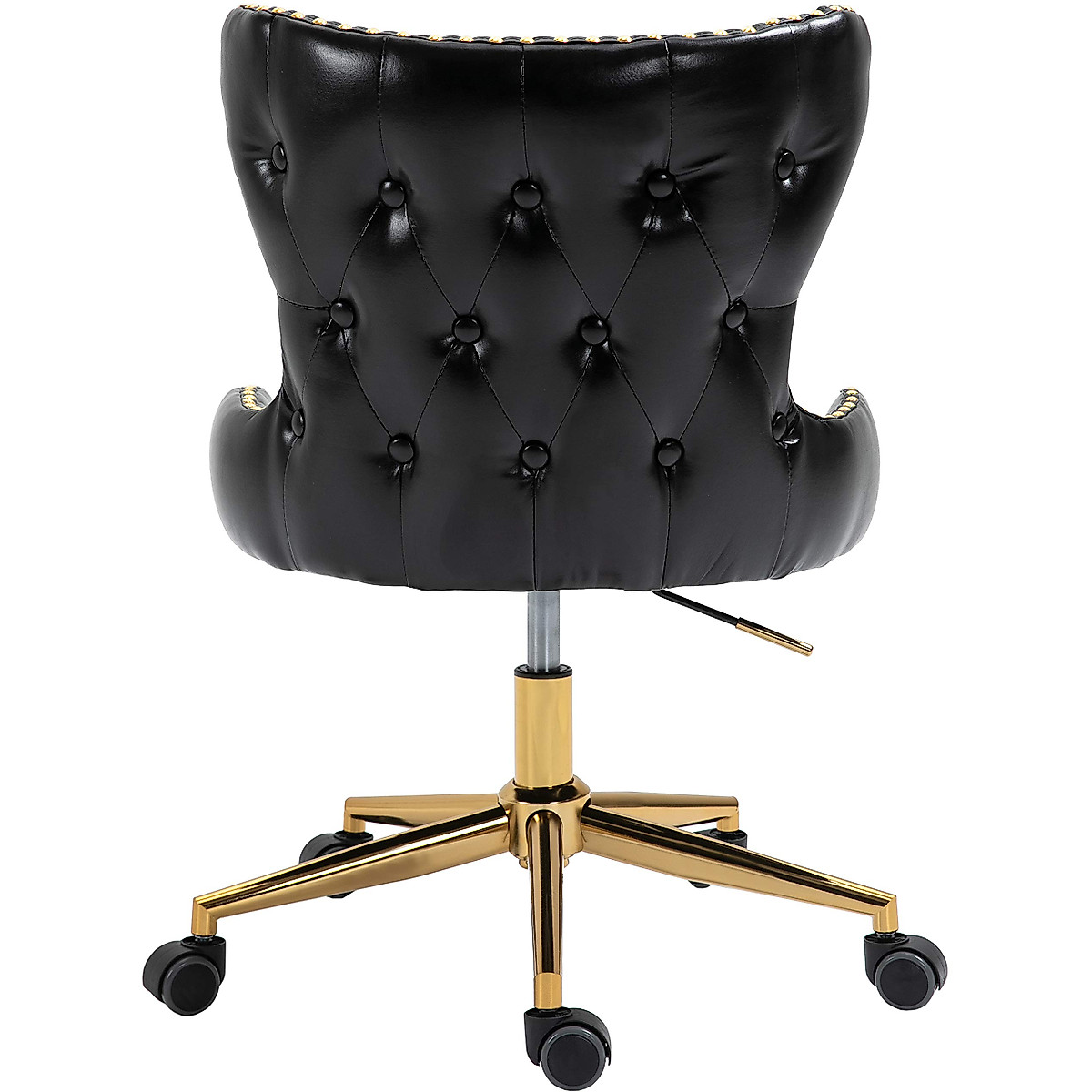 Meridian Furniture 167Black Hendrix Collection Modern Contemporary Vegan Leather Upholstered Swivel Adjustable Office Chair with Button Tufting and Gold Base, Black, 21.5" W x 24" D x 30.3"-32.6" H