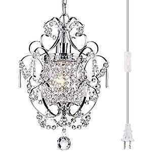 Plug in Pendant Lights with K9 Crystal，Hanging Lamp with 15Ft Clear Cord & On/Off Switch，Mini Chandelier for Closet Living Room Girls Room Bedroom Nursery