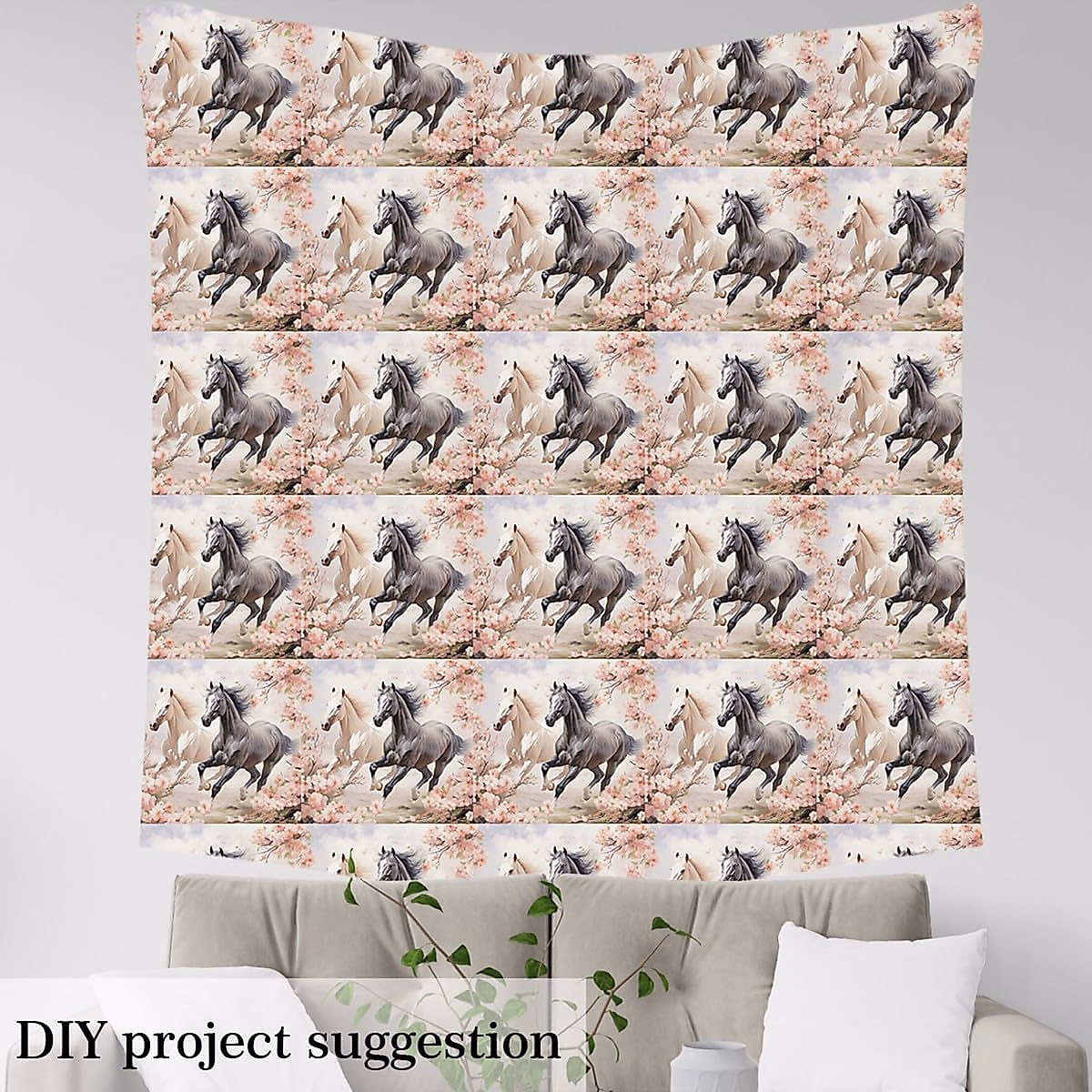 Horse Fabric by The Yard 1 Yard Chic Cherry Blossom Decorative Waterproof Outdoor Fabric White Galloping Horse Printed Upholstery Fabric for Chairs Wild Animal Kids Outdoor Fabric