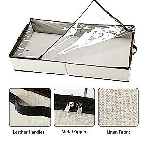 HOONEX Under Bed Storage Containers Zippered Clear Top Lid, Outer Linen Fabric, Reinforced Frame and Sturdy Bottom, 2 Leather Carrying Handles, 2 Pack, Beige