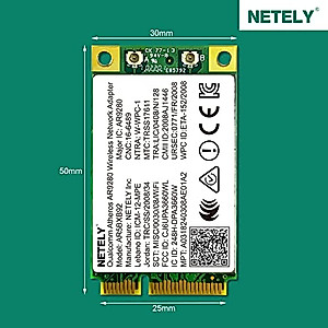 NETELY IEEE 802.11N Mini-PCIE Interface Dual Band 600Mbps WiFi Adapter for Laptop PCs and Desktop PCs, 2.4GHz 300Mbps and 5GHz 300Mbps, Qualcomm Atheros Wireless AR9280 Network Adapter (AR9280)