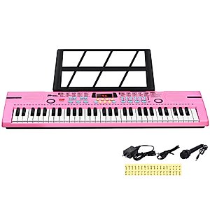 24HOCL 61 Keys Keyboard Piano, Kids Piano Keyboard with UL Adapter, Stand, Built-In Speaker, Mic, Portable Electronic Keyboard for Boys, Girls, Beginners Birthday Holidays Best Gifts