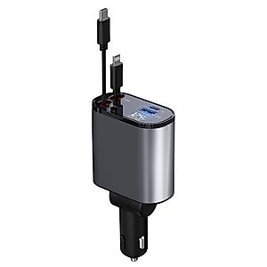 Retractable Car Charger, 4 in 1 Fast Car Phone Charger 66W, Retractable Cables and USB Car Charger,Compatible with iPhone 15/14/13/12/11,Galaxy,Pixel