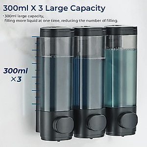 Shampoo and Conditioner Dispenser, Pollock Shower Dispenser 3 Chamber No Drill Shampoo Dispenser for Shower Wall Mounted Shampoo Conditioner Body Wash Dispenser for Bathroom,Large Capacity,Black