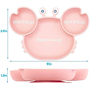 Silicone Suction Plate for Toddlers with Fork Spoon Set - Self Feeding Training Divided Plate Dish and Bowl for Baby and Toddler, Fits for Most Highchairs Trays (Pink)