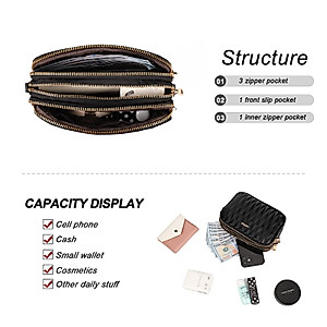 Triple Zip Small Crossbody Wallet Purse for Women Quilted Cross body Bag with Detachable Strap…