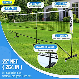 VANCL Badminton Pickleball Net with Wheels Movable, Deluxe Heavy Duty Pickleball Net System 22 Feet Pickleball Net for Driveway, Adjustable Strong Nylon Net Pickleball Net Portable Outdoor