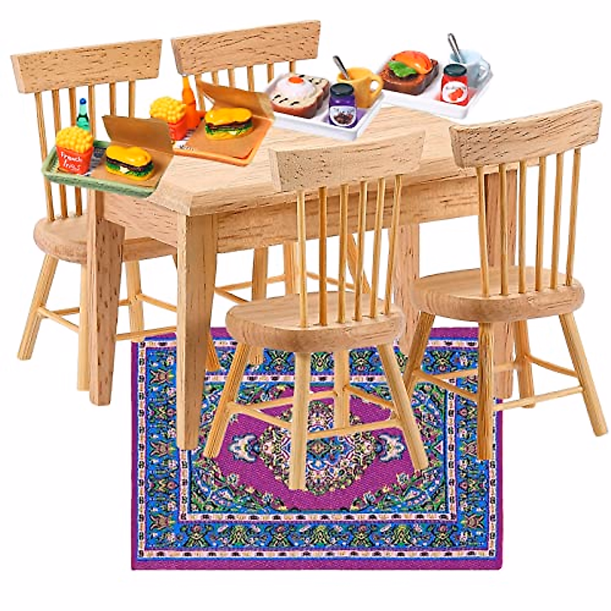 28Pcs Dollhouse Furniture Set, 1/12 Dollhouse Decoration 1Pc Wooden Dining Table and 4Pcs Chair, 1Pc Mini Carpet Turkey Rugs, 4 Sets Dinner Plate for Kids Gift