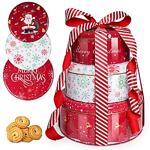 JOYCUBE Cookie Tins with Lids, 3 Pack Christmas Cookie Tins with 16.5ft Gift Ribbon, Festive Cookie Cake Containers Tins for Gift Giving & Holiday Treats, Round Metal Nesting Containers