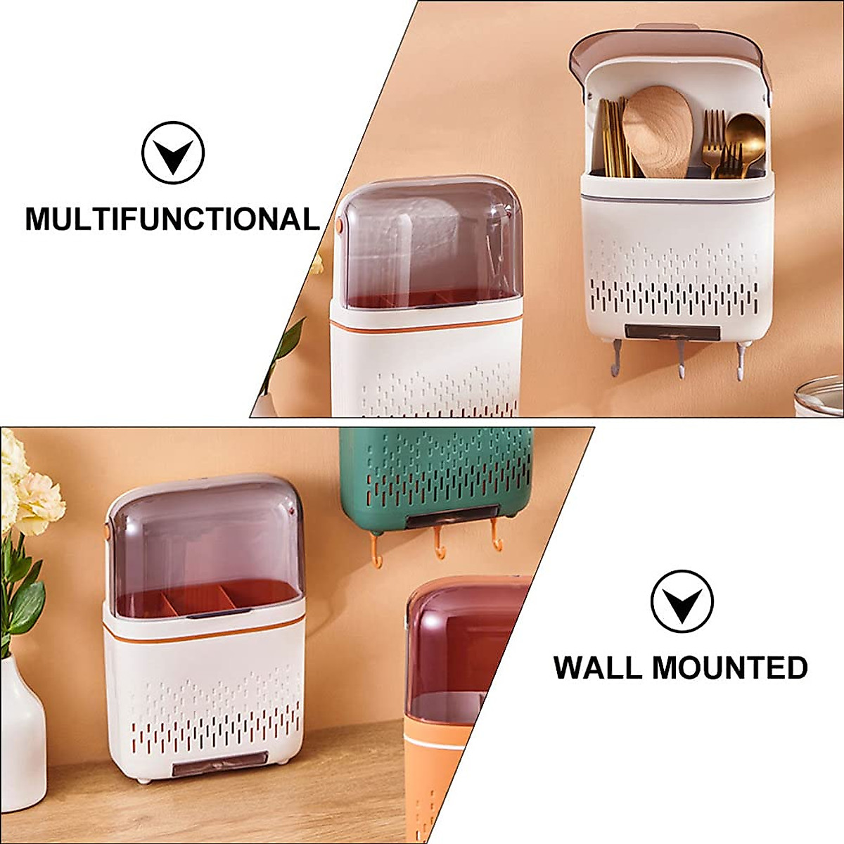 Kitchen Chopsticks Rack Wall Mounted Flatware Holder Basket with Drainer Lid Utensils Cutlery Holder