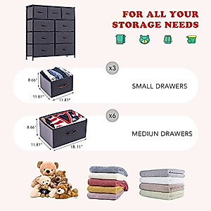 DHMAKER Fabric Dresser for Bedroom, Vertical Storage Tower with 9 Drawers for Nursery, Entryway, Closets, Organizer Unit with Steel Frame, Wood Top, Easy Pull Textured Fabric Bins - Dark Indigo