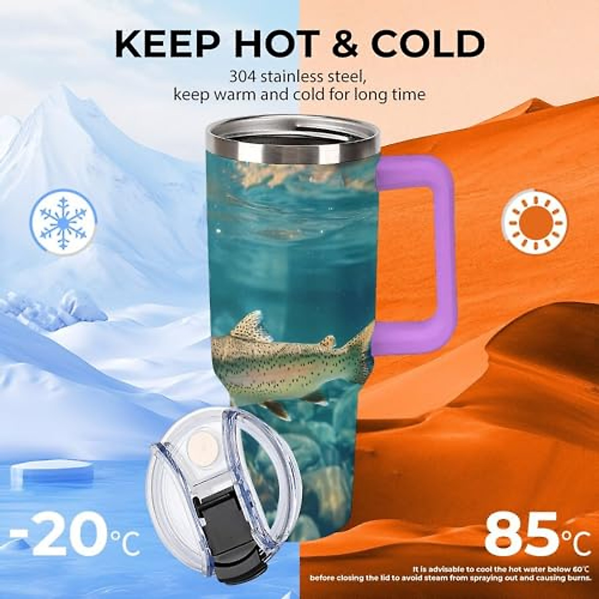 Trout 40 Oz Tumbler Insulated Stainless Steel Water Bottle Travel Mug Car Cup with Handle And Straw