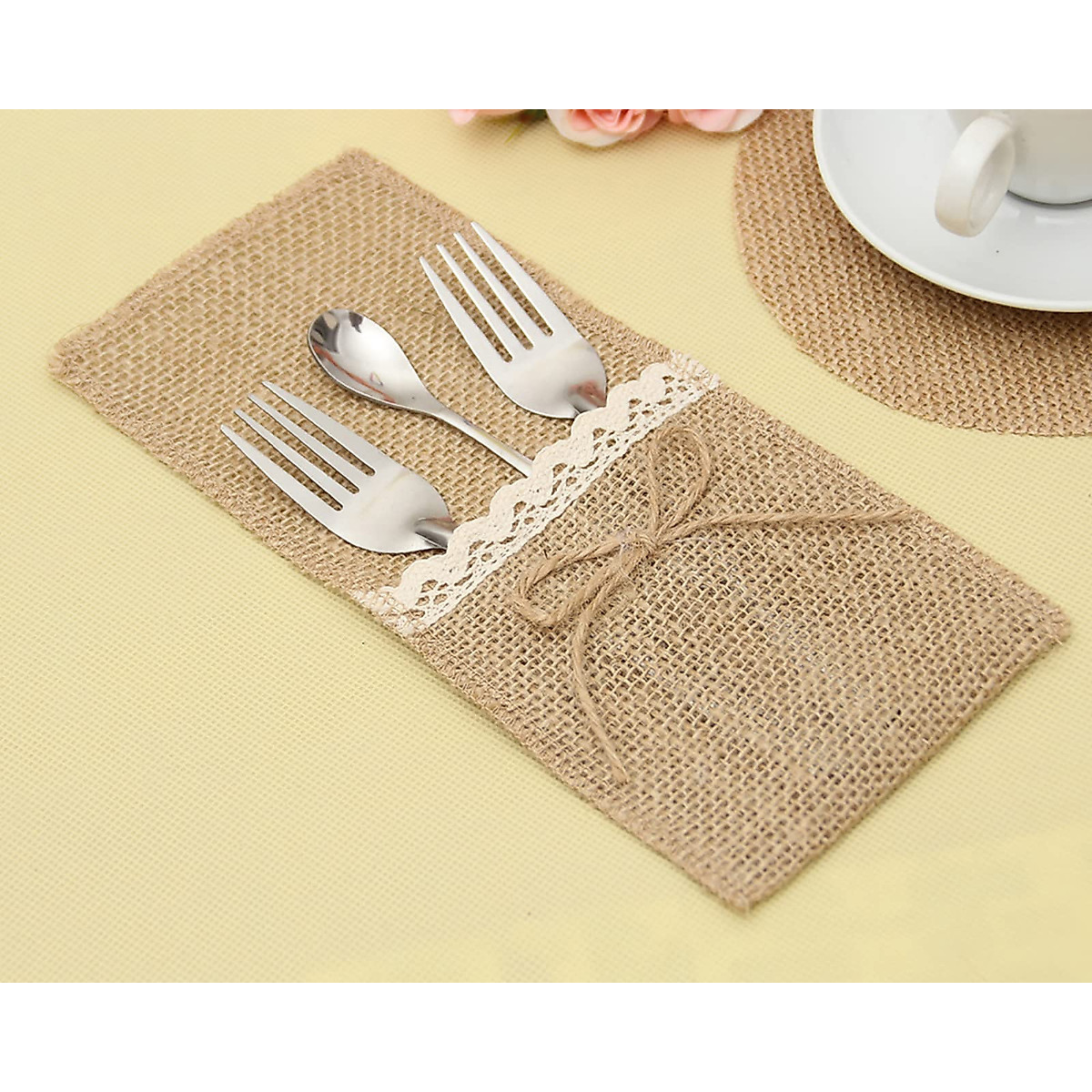 Samanter Burlap Lace Bow Utensil Holders 10Pcs Silverware Cutlery Pouch Knifes Forks Bag for Vintage Natural Wedding