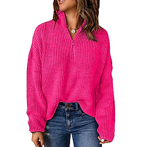Dokotoo Sweaters for Women Waffle Knit Long Sleeve Quarter Zip Pullover for Women Business Casual Fall Fashion Tops Winter Trendy Aestheic Teathcer Clothes V Neck Oversized Hot Pink Sweater Medium