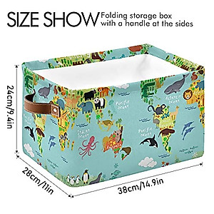 Rectangular Storage Bin World Animal Map Travel Basket with Handles - Organizer Bin for Toys, Books, Laundry Basket for Kids/Pets, Playroom