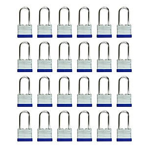 LanuBe Laminated keyed Padlock (1-9/16", 40mm), keyed Alike Locks, Long Shackle,Marked Blue Plastic Hoop, Pack of 24