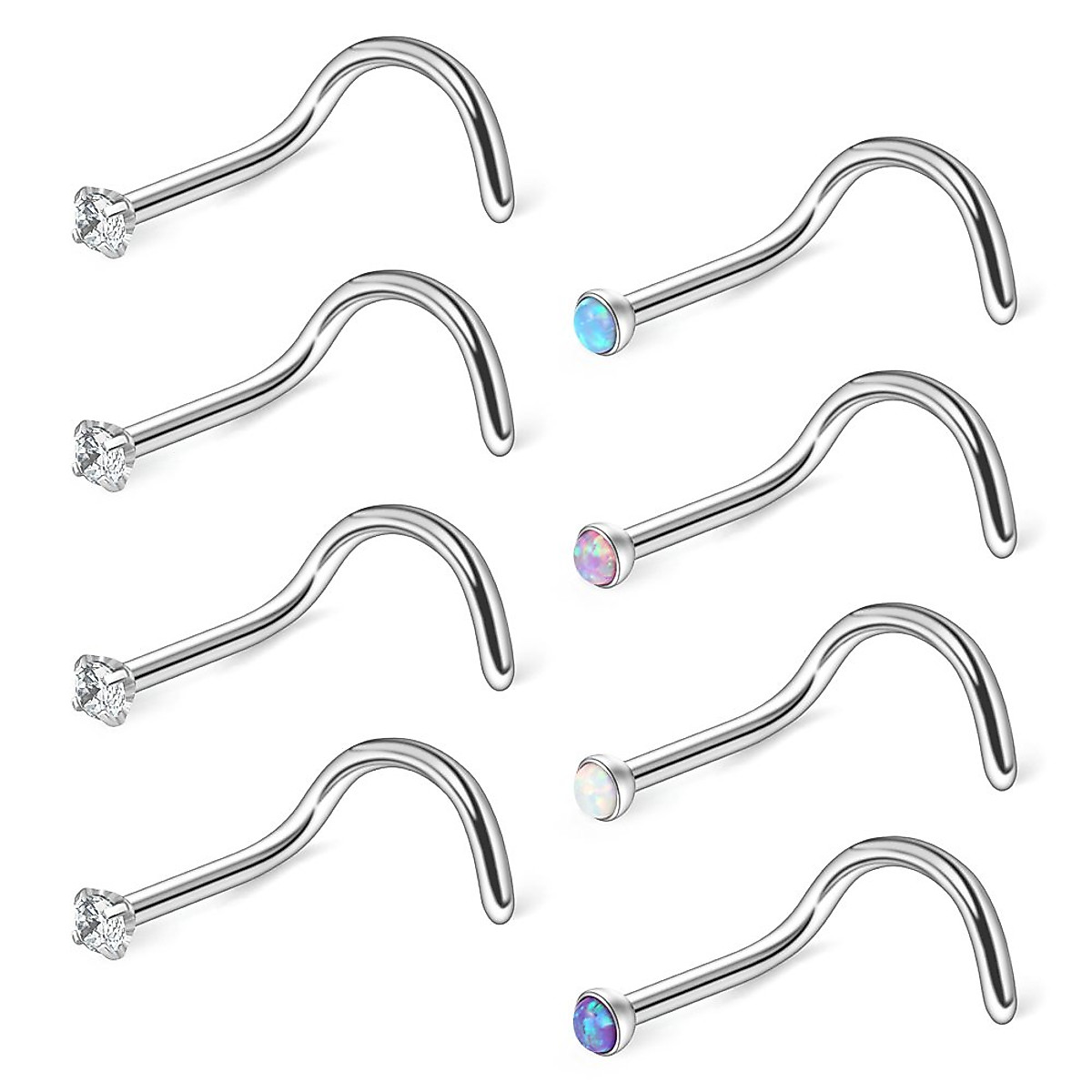 Ruifan 22G 316L Surgical Steel 1.5mm Mix Color Jeweled Opal & Clear CZ Nose Screw Rings Studs Ring Body Piercing Jewelry 8PCS