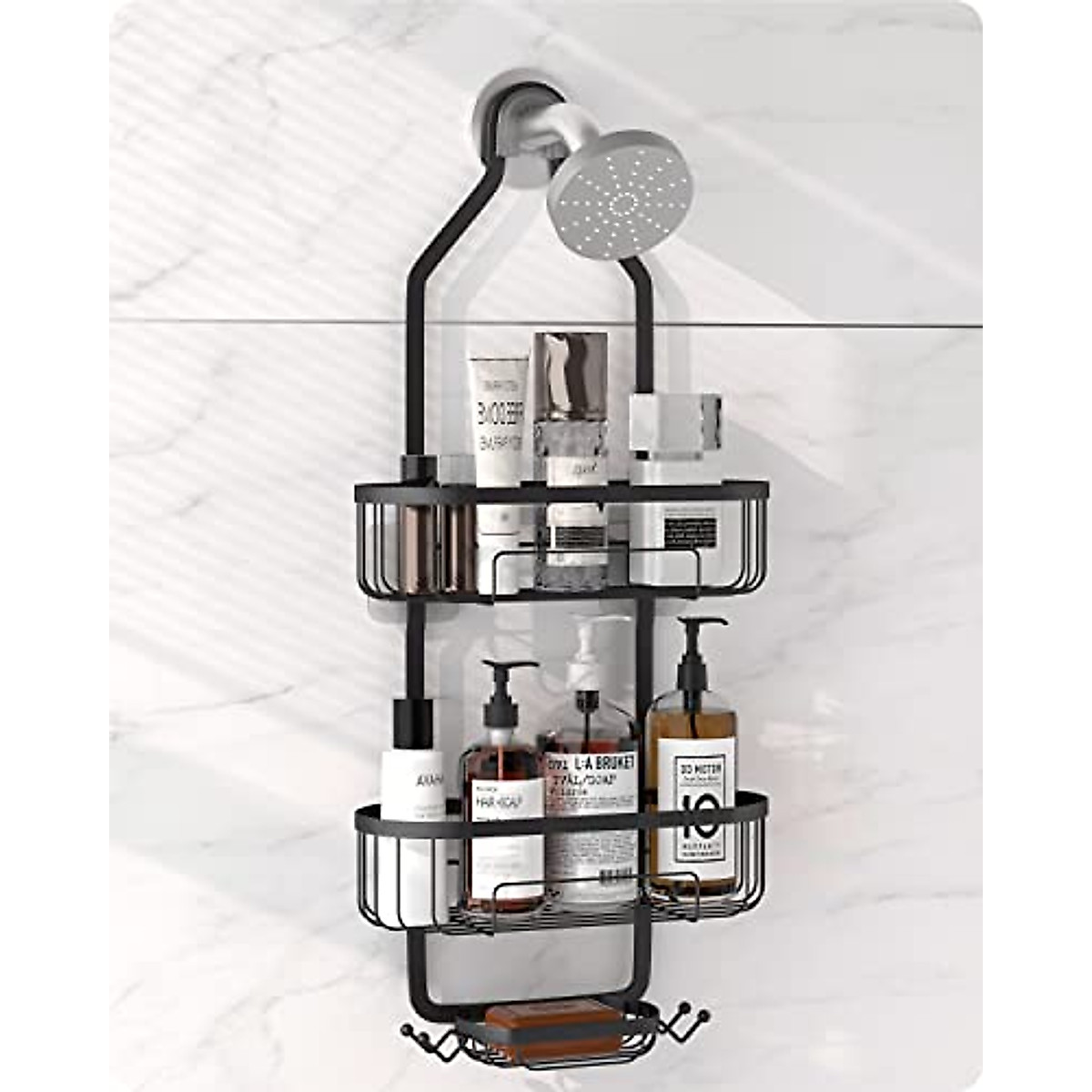 Baffect Shower Head Caddy, Hanging Shower Caddy Black Non-marking Bathroom Shower Organizer Soap Holder with Hooks