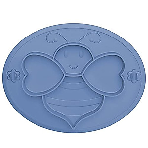 Toddler Plates with Suction - Silicone Cute Bee Baby Divided Plate - Self Feeding Kid Dish for Tables Highchairs Trays - Dishwasher and Microwave Safe (Dark Blue)
