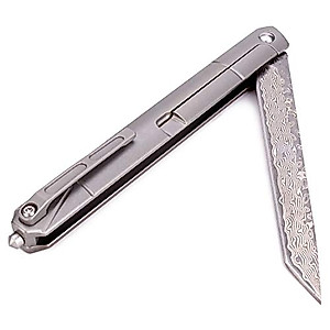 Samior GD035 Small Slim Folding Pocket Flipper Knife, 3.5 inches VG10 Damascus Tanto Blade, Grey Titanium Handle Frame Lock Pocket Clip, Sleek EDC Low Profile Gentleman's Knives