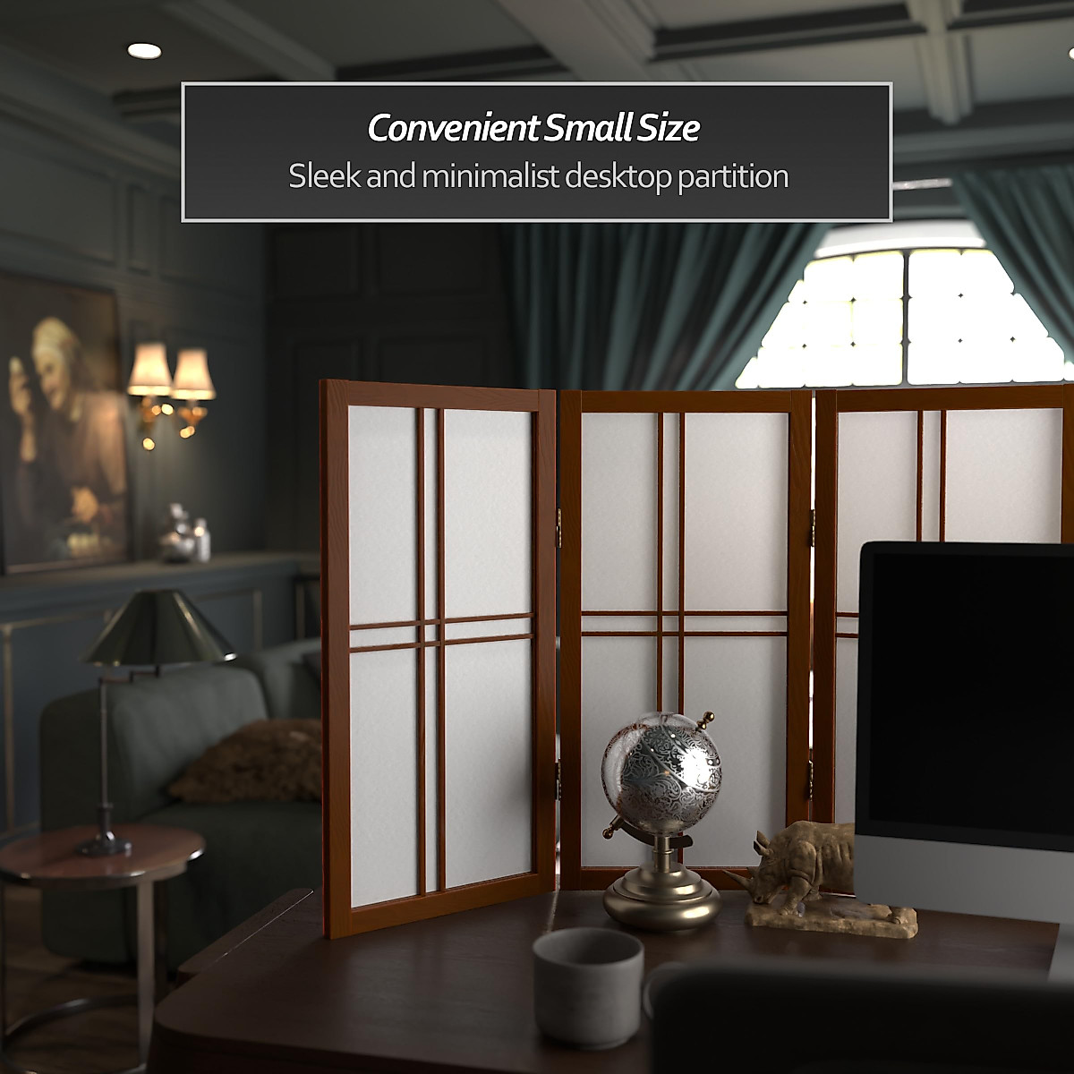 2 ft. Short Desktop Double Cross Shoji Screen - Walnut - 4 Panels