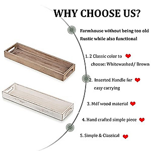 Hanobe Decorative Wooden ServingTray: Rustic Long Narrow Centerpiece Farmhouse Wood Candle Holder Trays with Cutout Handles Rectangular Coffee Table Tray for Living Room Kitchen Home Decor, White