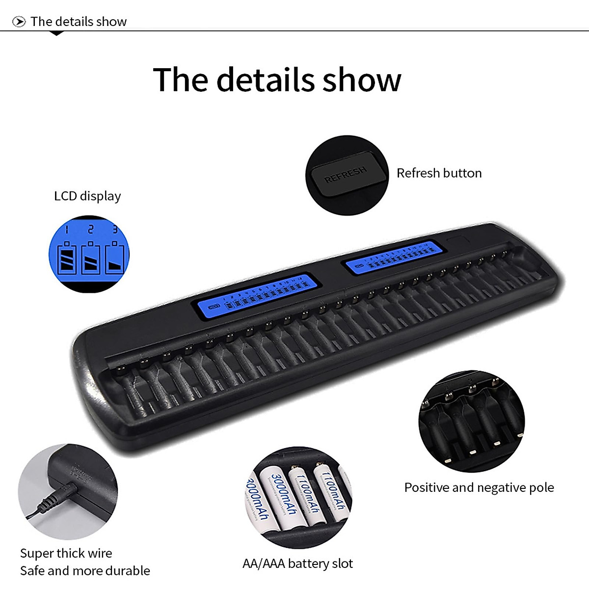 Tenberly 24 Slot LCD Smart Battery Charger for AA/AAA NiMH/NiCd Rechargeable Batteries Multiple Intelligent Battery Charger with AC Wall Adapter