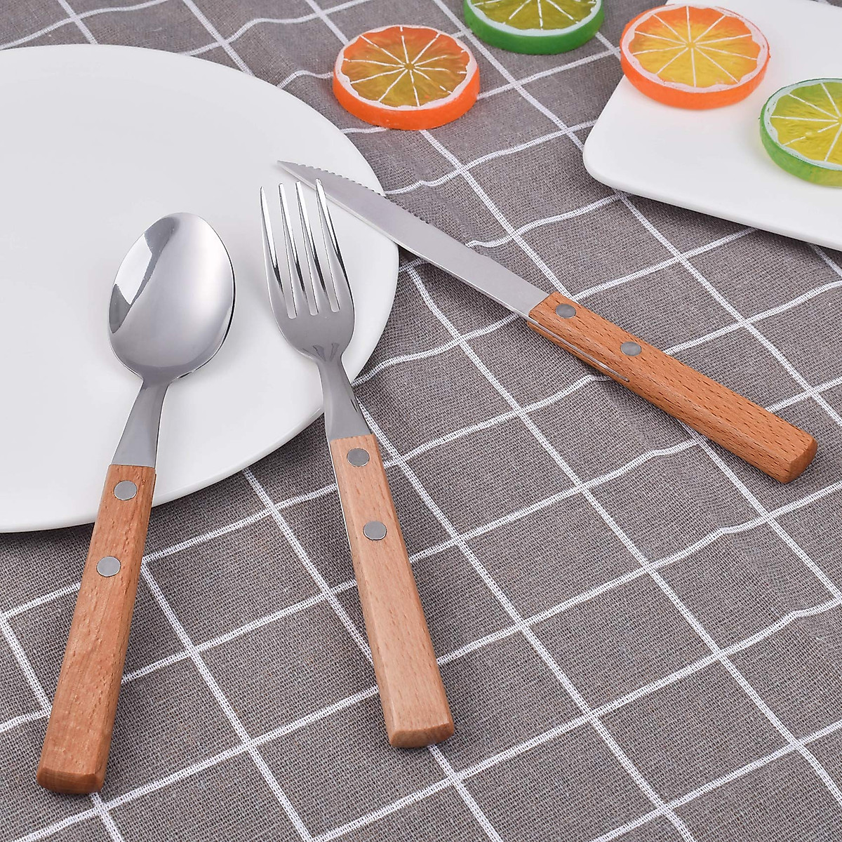 Lnrkai Cutlery Sets of 6, Dinner Spoons, Knife and Fork Set, Stainless Steel with Wooden Wide Handles, Flatware Set Tableware Dinnerware, Service for 2 Adult