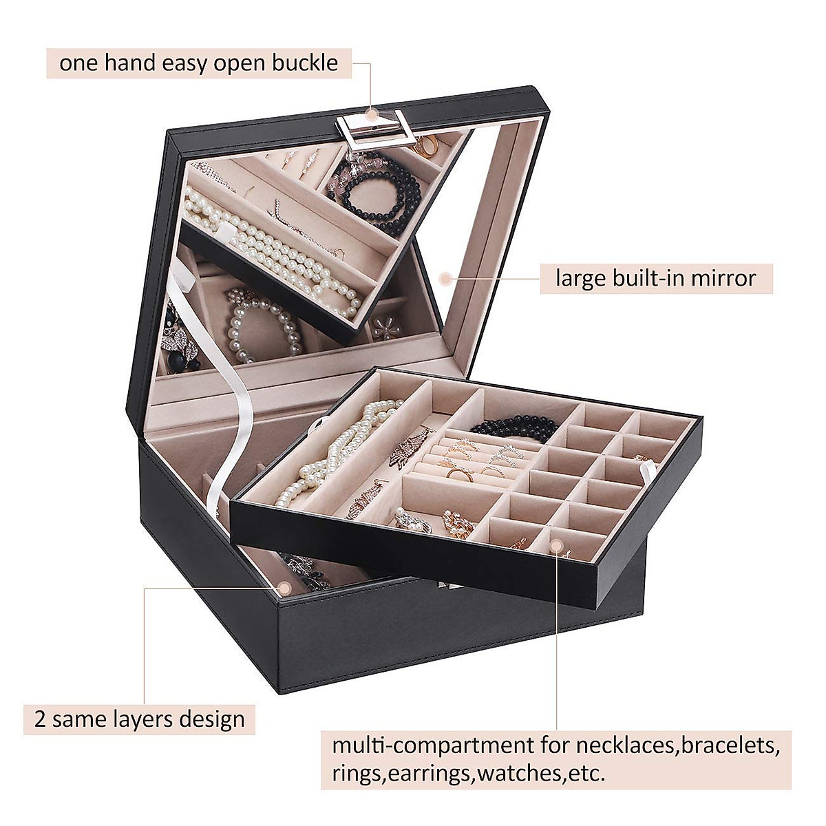 BEWISHOME Jewelry Box Organizer 40 Section Display Tray Jewelry Box for Women 35 Compartments Jewelry Organizer Black
