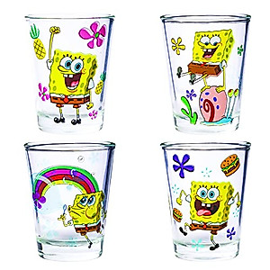Silver Buffalo SpongeBob SquarePants Poses Floral Krabby Patty 4-Pack Mini Glass Set, 1.5 Ounces