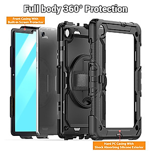 SEYMAC Case for Samsung Galaxy Tab S6 Lite 10.4'' 2024/2022/2020 (SM-P620/P610/P615), Heavy Duty Full-Body Shockproof Protective Case with Screen Protector, Rotating Stand, Hand/Shoulder Strap, Black