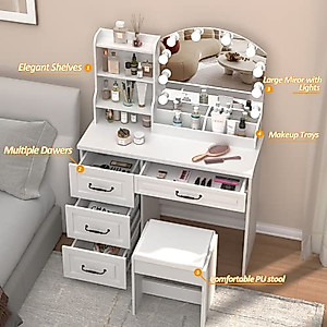 Vabches Makeup Vanity Desk with Lights and 4 Drawers, White Vanity Set Makeup Table Lots Storage, 3 Lighting Colors, Large Size 39.4in(L), White-L