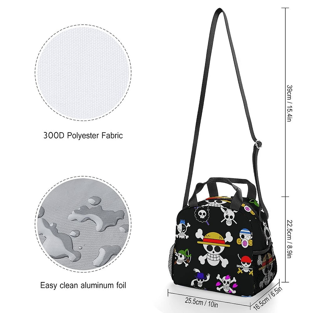 CHSSONG Insulated Lunch Bag One Skull Piece Dinner Box Leakproof Cooler Portable Handbag Reusable Thermal Tote Bag With Adjustable Shoulder Strap Black, 25.5x22.5x16.5cm(10x8.9x6.5inch)