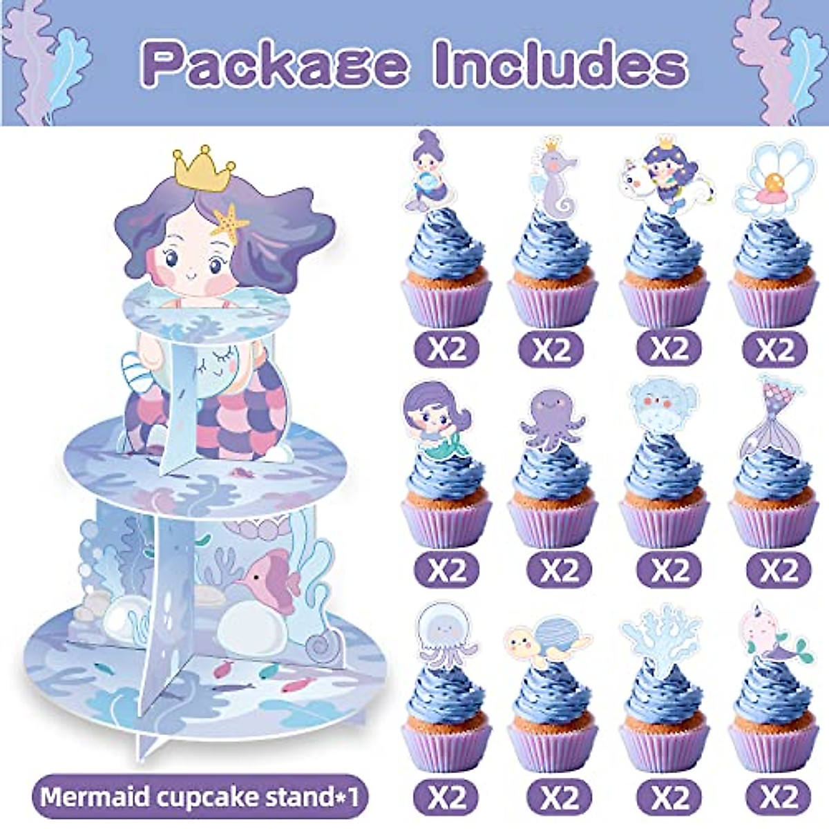 HPMNS Mermaid Cupcake Stand 24 pcs Cupcake Toppers for Mermaid Birthday Party Decorations Favors Supplies 3 Tier Mermaid Cupcake Tower Holder Mermaid Baby Shower Decorations