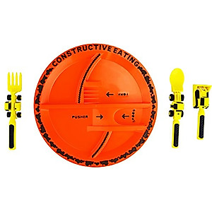 Constructive Eating Made in USA Toddler Dining Set: Kids Placemats for Dining Table with Construction Plate & Utensils, Perfect Toddler Boy Gifts or Toddler Girl Gifts for 2 Year Old, Toddler Forks and Spoons for Picky Eater