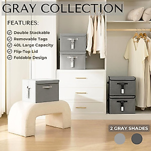 Extra Large 40L 3-Pack Collapsible Storage Bins with Lids, Stackable Storage Bins with Labels, Foldable Closet Linen Storage Box Organizer, Decorative Folding Storage Box Cube Containers, Dark Gray