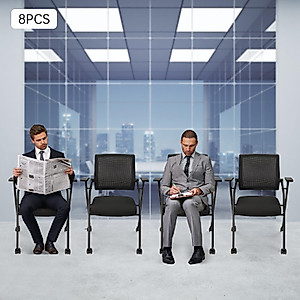 Conference Room Chairs, Set of 8, Stackable & Ergonomic Foldable Chair with Wheels and Armrest, Mesh Bouncing Back, Lumbar Support, Training Room Chair for Office Meetings, Reception