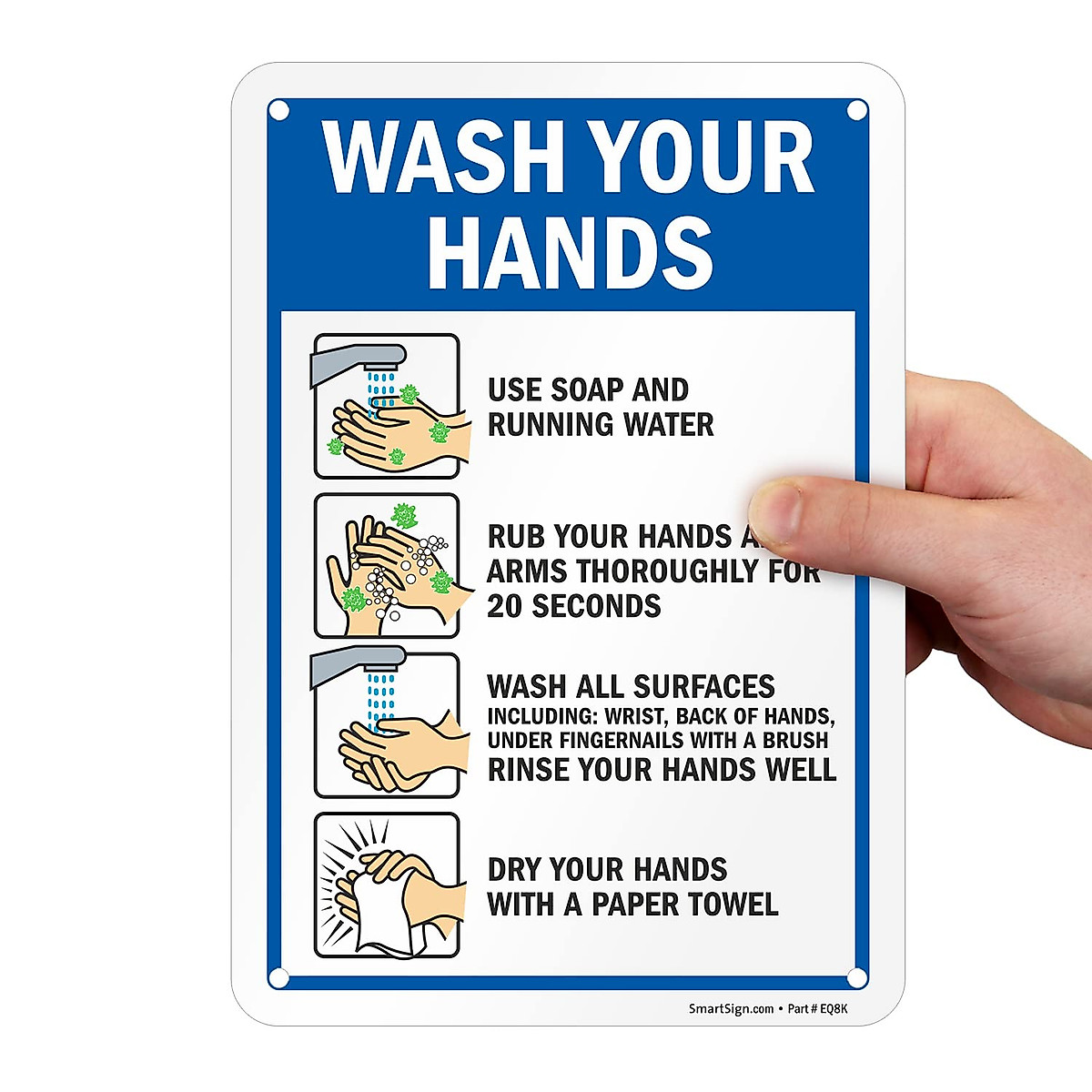SmartSign 10 x 7 inch “Wash Your Hands” Metal Sign with Instructions, Screen Printed, 40 mil Laminated Rustproof Aluminum, Multicolor, Made in USA