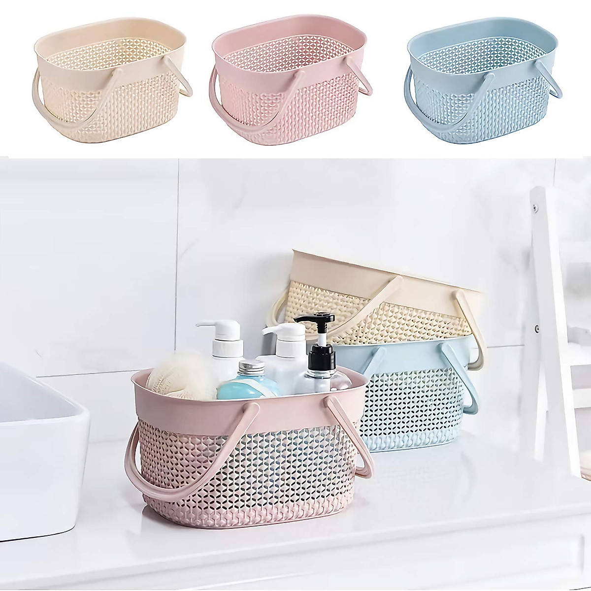 rejomiik 2 Pack Plastic Shower Caddy Basket, Portable Organizer Storage Tote with Handles Toiletry Bag Bin Box for Bathroom, College Dorm Room Essentials, Kitchen, Camp, Gym, Pink