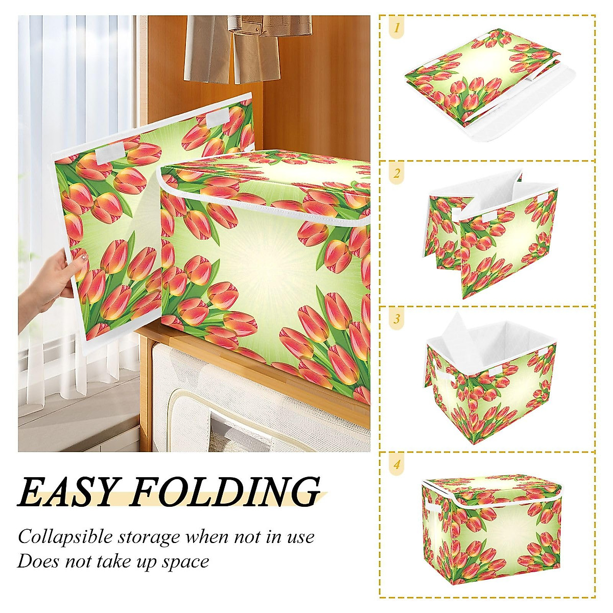 senya Large Collapsible Storage Bins with Lids, Spring Tulip Flowers Storage Baskets Organizer Containers with Handles for Nursery Clothes Toys