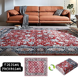 Rugcomf Area Rug 5x7 Washable Rug Boho Rug Soft Non-Slip Non-Shedding Faux Wool Vintage Rug for Living Room, Bedroom Rug, Farmhouse, Dining Room, Indoor, Kids Playroom (Red)