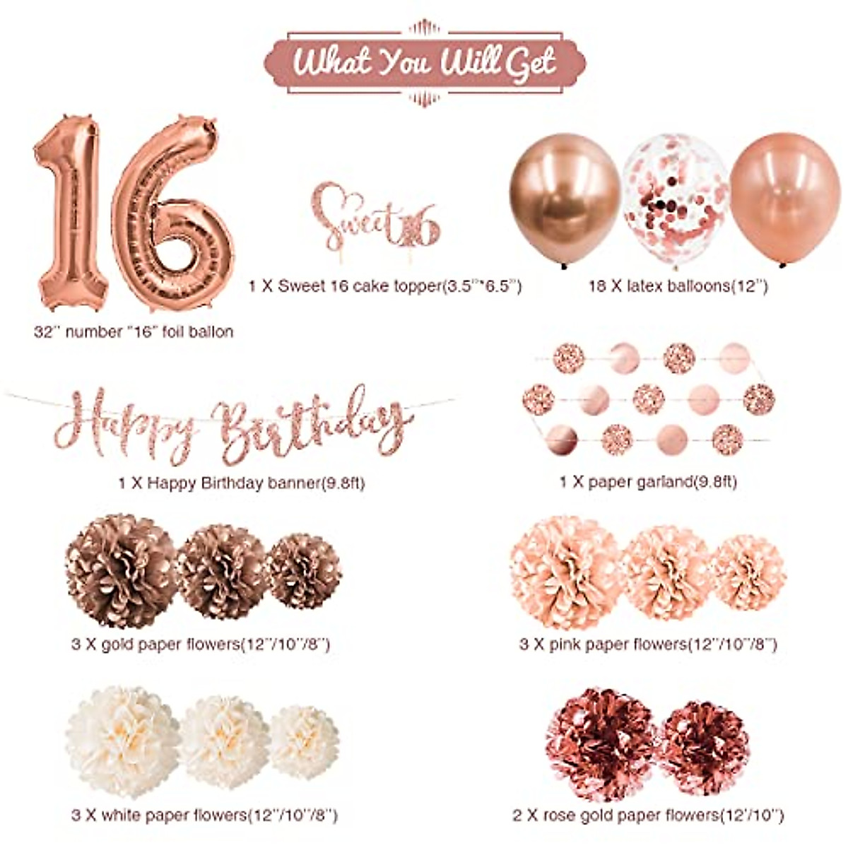 INFITE Sweet 16th Birthday Party Decorations Rose Gold Decor Party Supplies