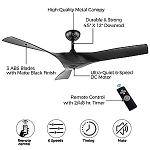 WINGBO 52" DC Ceiling Fan without Lights, Matte Black Ceiling Fan with Remote, 3 Curved ABS Blades, Noiseless Reversible DC Motor, Modern Ceiling Fan for Kitchen Bedroom Living Room, ETL Listed